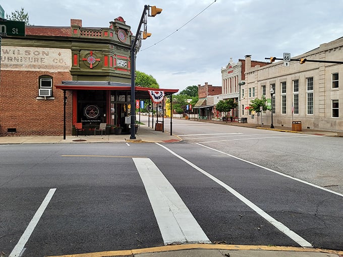 The town square in New Harmony features classic Midwestern charm with historic buildings and wide, welcoming streets.