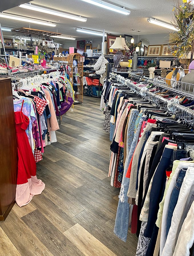 Wood floors, bright lights, and racks of possibility. New Life Thrift makes secondhand shopping feel like a boutique experience.