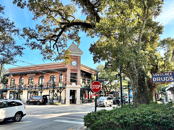 The clock tower stands watch over streets where artists and dreamers have turned old buildings into creative spaces.