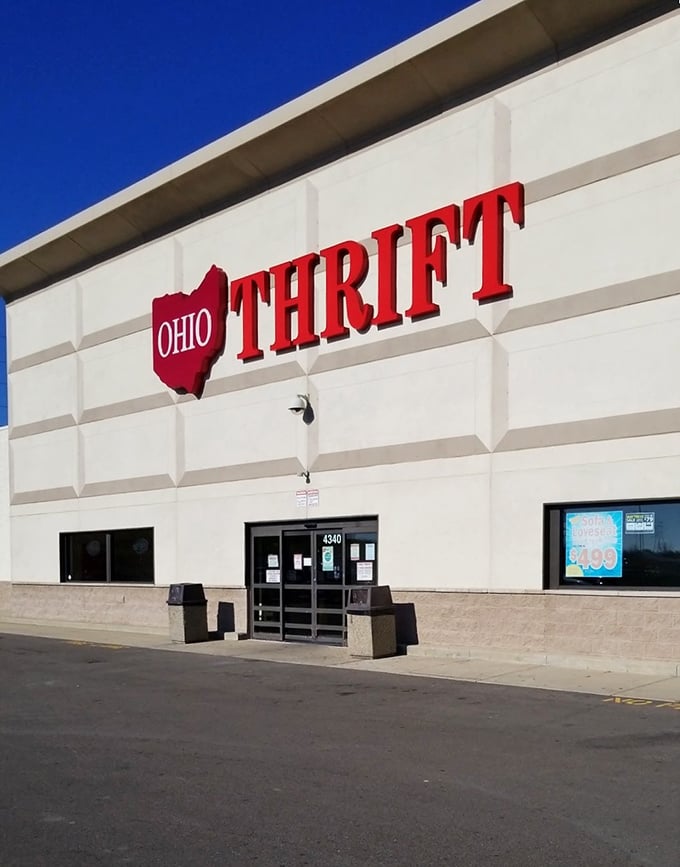 The bright white building houses countless treasures under that distinctive Ohio-shaped logo. Buckeye bargains await!