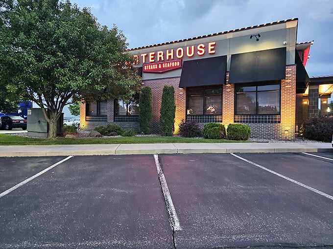 As evening falls, this brick facade glows with promise&mdash;seafood treasures await inside this suburban gem.
