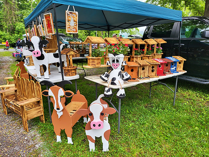 Handcrafted charm! These wooden farm animals at Pence Springs aren't just decorations&mdash;they're pieces of Appalachian creativity.