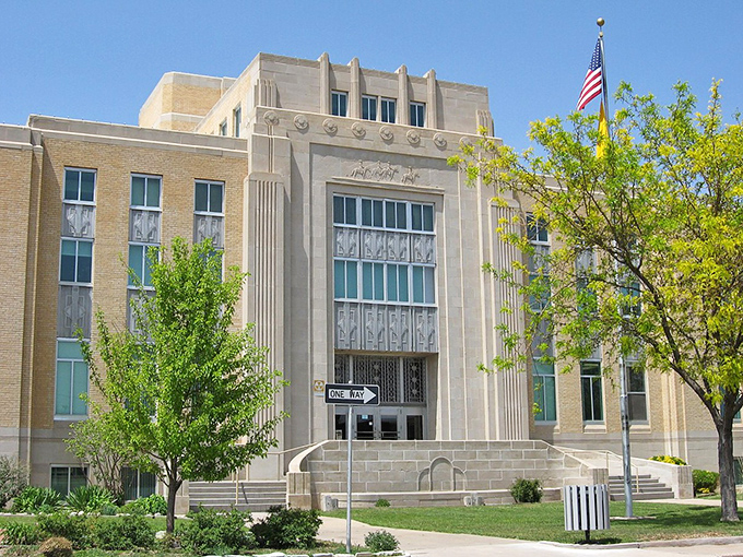 Eastern New Mexico's administrative architecture proves that even paperwork looks better against a brilliant blue sky.