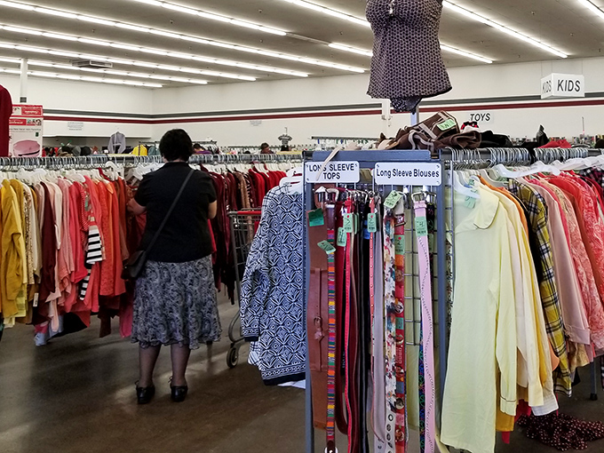 Rainbow racks of possibility! Inside Red White & Blue, every color-coded section holds potential wardrobe magic waiting to be discovered.