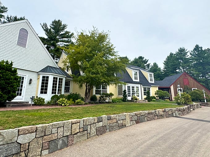 Stone walls cradle this yellow-gray-red Richmond property trio&mdash;a architectural sandwich with New England charm as the secret sauce.