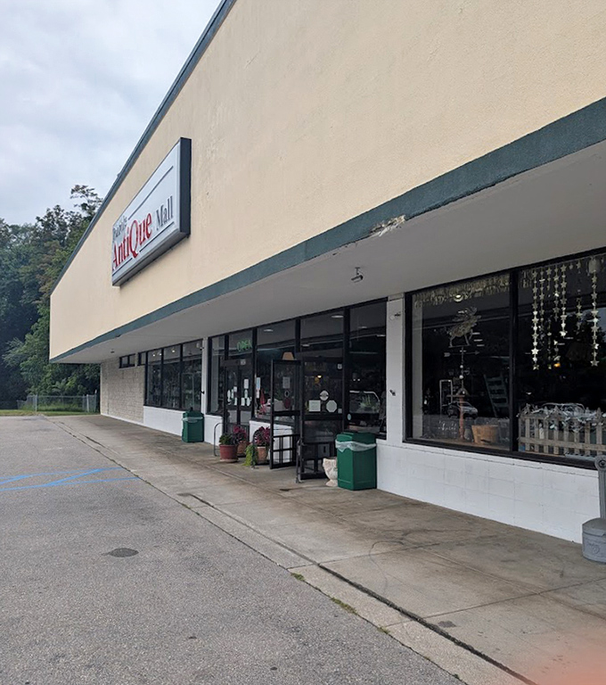 Green trim and vintage vibes create that perfect small-town antique shopping atmosphere we all crave.