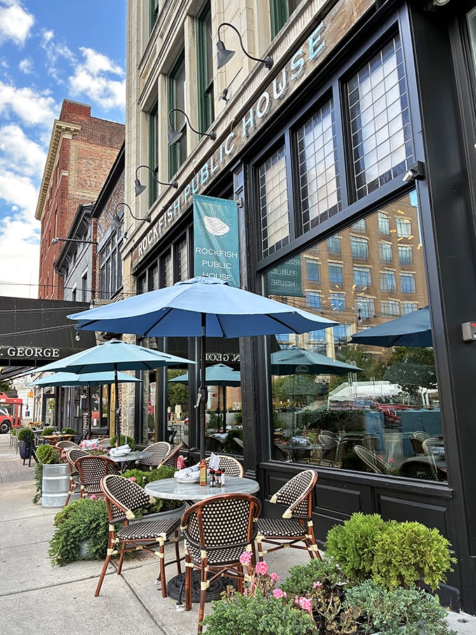 Blue umbrellas and sidewalk seating invite you to enjoy York's freshest catch while watching the world go by.