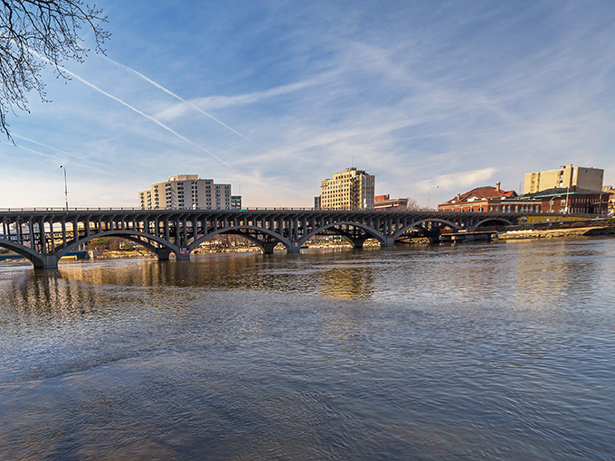 Rockford's picturesque bridge spans the Mississippi River, connecting residents to neighboring states while providing stunning sunset views.