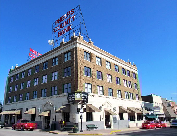 The Phelps County Bank building towers over downtown like a friendly giant watching over neighbors.