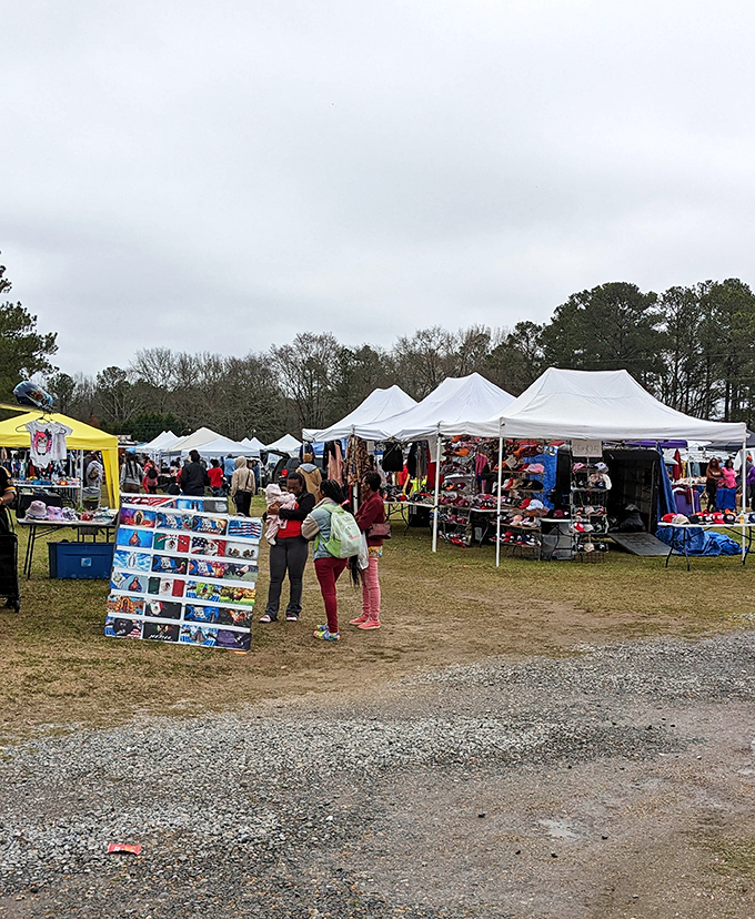White tents create a festival atmosphere where shopping becomes an outdoor adventure under Alabama's beautiful skies.