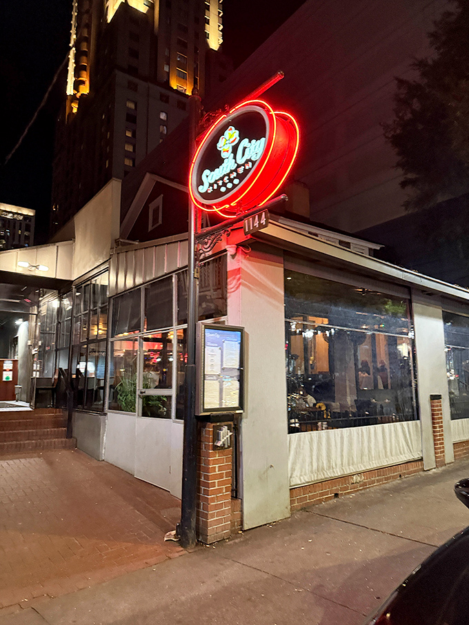 South City Kitchen's neon sign glows against the Atlanta night. When the sun goes down, the city's chicken connoisseurs know where to flock.