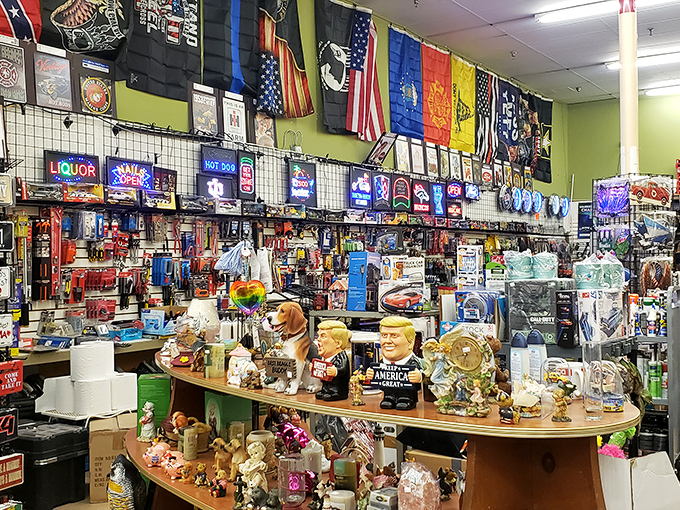 Flags and memorabilia create a patriotic treasure trove where history buffs find their happy place.