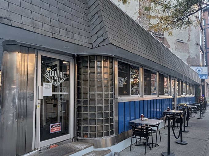 Glass block windows and clean lines create an inviting atmosphere for serious comfort eating.
