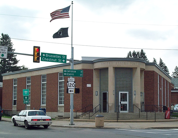 A classic red-brick landmark stands proudly in St. Marys, where local history and community spirit meet at a busy corner.