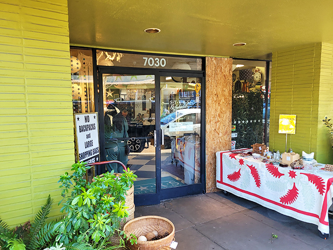 Bright colors and inviting displays make this entrance irresistible &ndash; like a vintage-lover's version of Willy Wonka's factory.