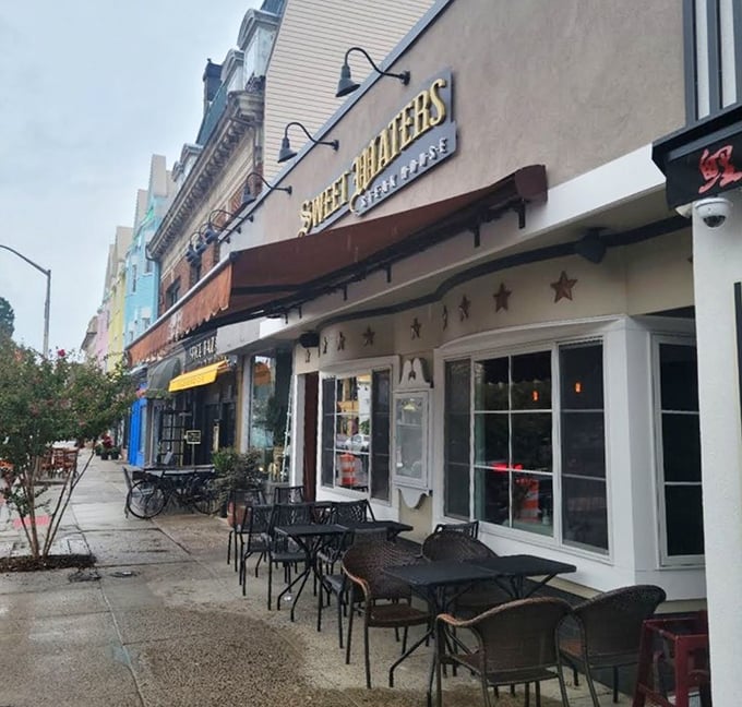 Nestled among colorful storefronts, Sweet Waters offers a front-row seat to small-town life with big-city flavor.