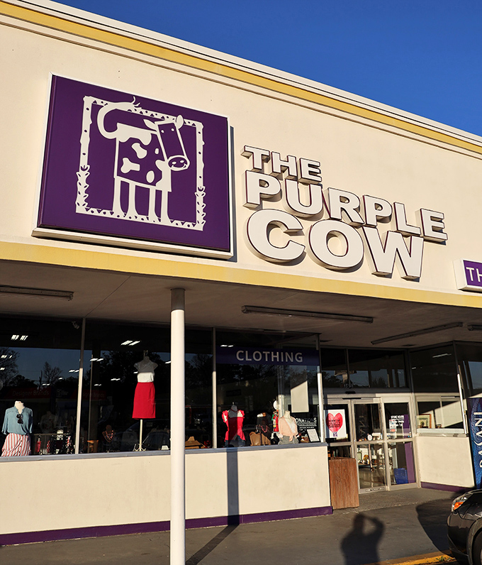 That distinctive purple and cow logo promises personality inside - thrift shopping with character and serious style points.