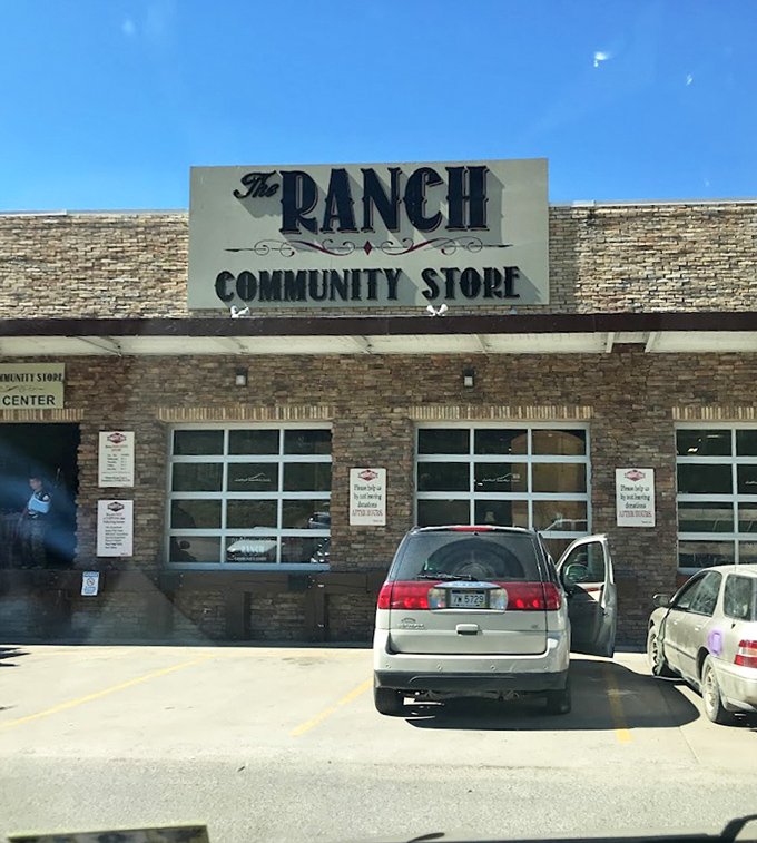 Parked and ready to shop! The Ranch's stone facade gives no hint of the bargain wonderland waiting just beyond those doors.