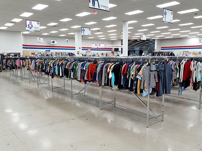 Inside this bright, organized wonderland, racks of clothing stand like soldiers, ready to march home with lucky shoppers.