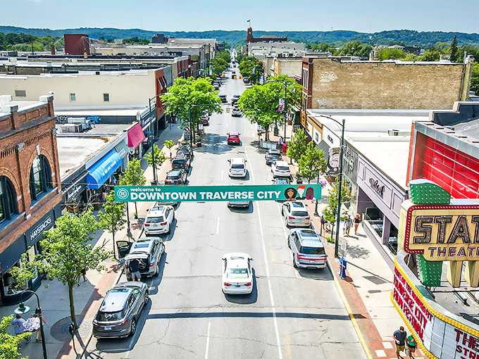 That "Downtown Traverse City" banner might as well add "where your dollar stretches further than your morning yoga class."