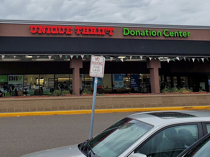 The familiar green "Donation Center" sign reminds us that one person's goodbye becomes another's hello.