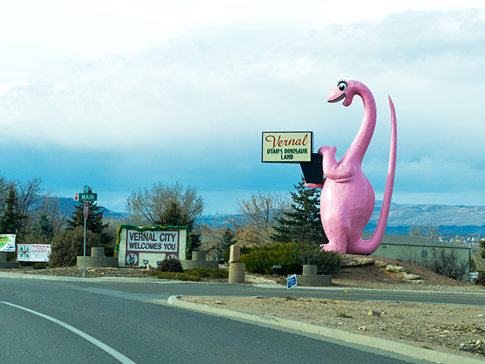 The famous pink dinosaur welcomes visitors to a town where prehistoric prices meet modern comfort.