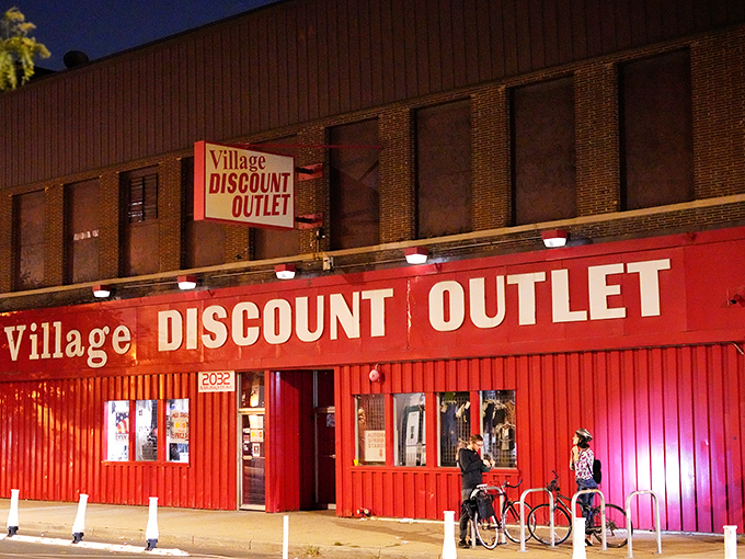 Night or day, Village Discount's vibrant facade stands ready for bargain hunters. The Las Vegas of thrift stores&mdash;minus the gambling, plus the winning!