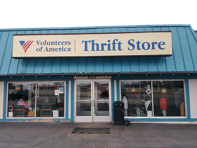 Those large windows showcase the treasures within, inviting passersby to discover what bargains await inside this spacious store.