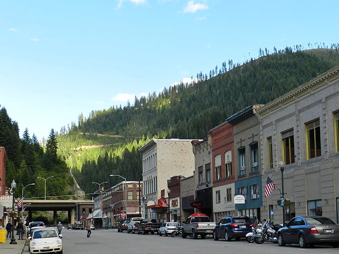 The mountains embrace Wallace from all sides, creating a natural amphitheater for this perfectly preserved mining town.