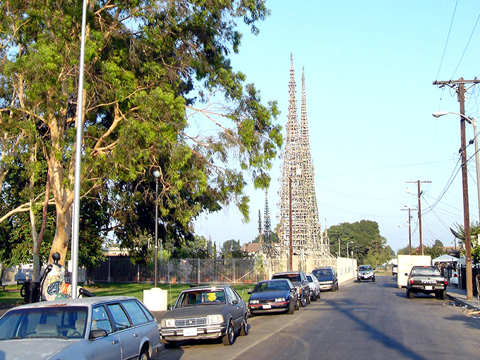 The Watts Towers reach skyward like metallic spires, a testament to one man's artistic vision and determination.