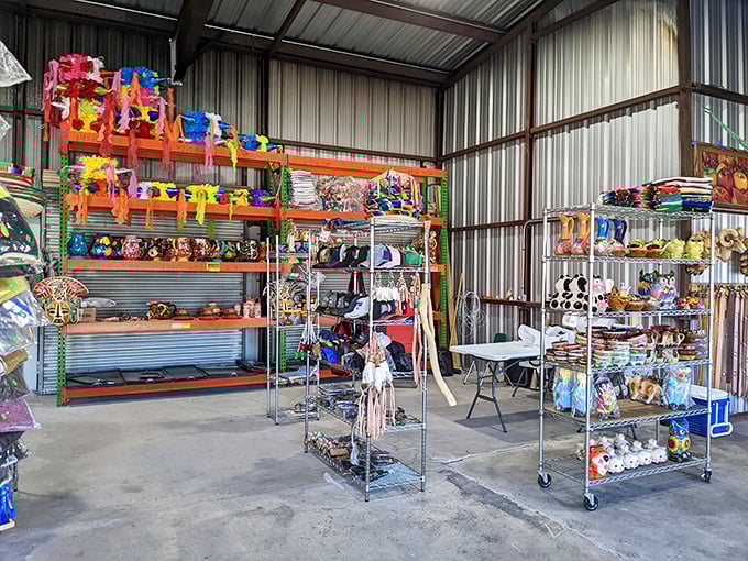 This covered stall bursts with color, showcasing festive finds and handcrafted treasures under one roof.