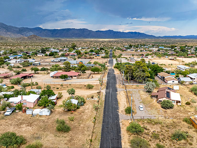 Wickenburg's aerial view reveals a desert oasis where Western traditions still thrive. Those mountains haven't changed in centuries.