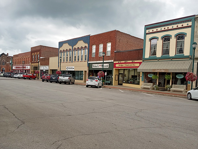 This classic Main Street scene captures the heart of covered bridge country, where Hollywood romance meets authentic Midwestern charm beautifully.