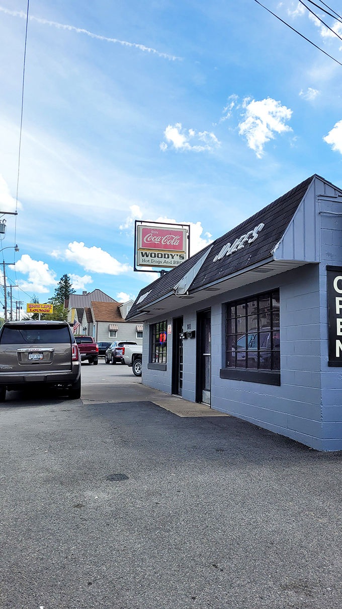 The angled view of Woody's reveals its true character &ndash; unpretentious, reliable, and ready to serve up happiness on a bun.