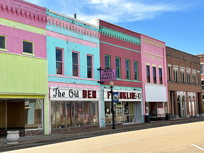 Bright storefronts in Yazoo City create a cheerful atmosphere where your money goes further.
