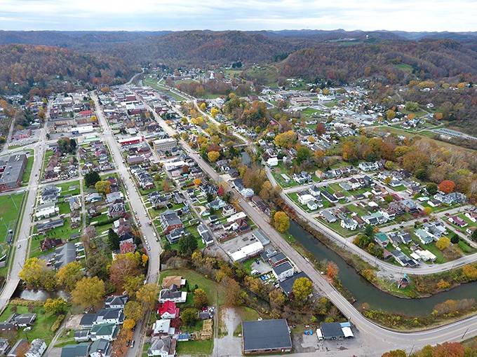This aerial view of the town where vintage charm meets modern value, creating the perfect backdrop for budget-conscious retirement.