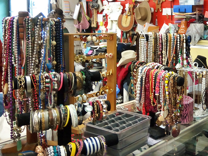 Jewelry display that would make a pirate blush. Each necklace carries stories from proms, anniversaries, and "just because" moments of decades past.