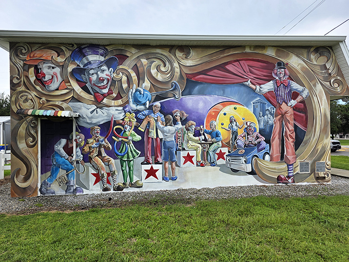 The town's clown mural might make you smile or slightly terrified&mdash;either way, it's unforgettable public art with circus-sized personality.