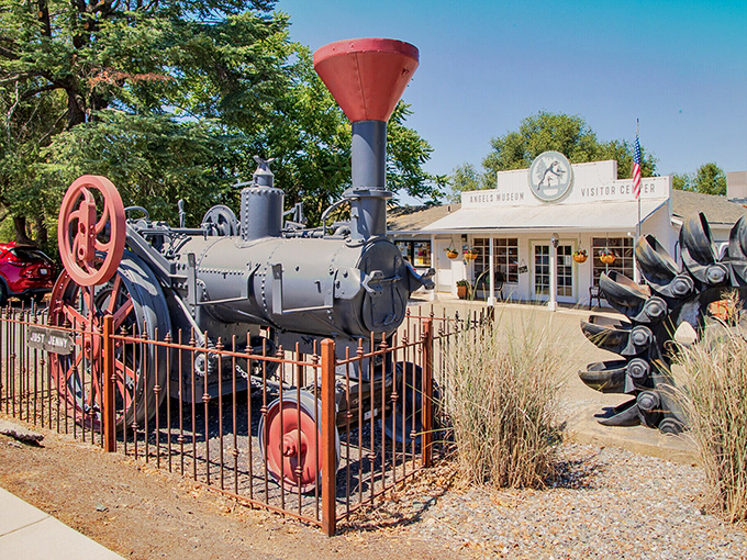 The Angels Camp Museum showcases vintage mining equipment, including this locomotive that once hauled the dreams of fortune seekers.