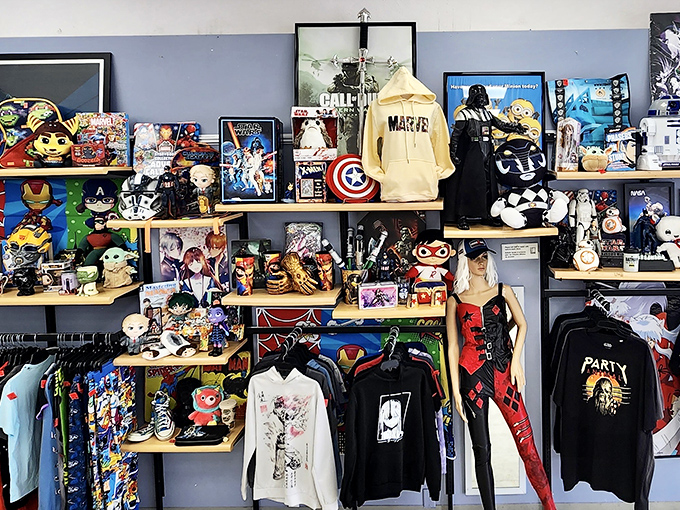 Pop culture paradise! Where else can Darth Vader, Marvel heroes, and anime characters coexist on the same shelf?