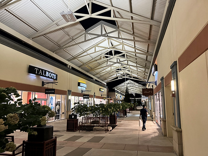 Architectural elegance meets shopping practicality. These covered walkways ensure neither rain nor snow shall impede the sacred quest for bargains.