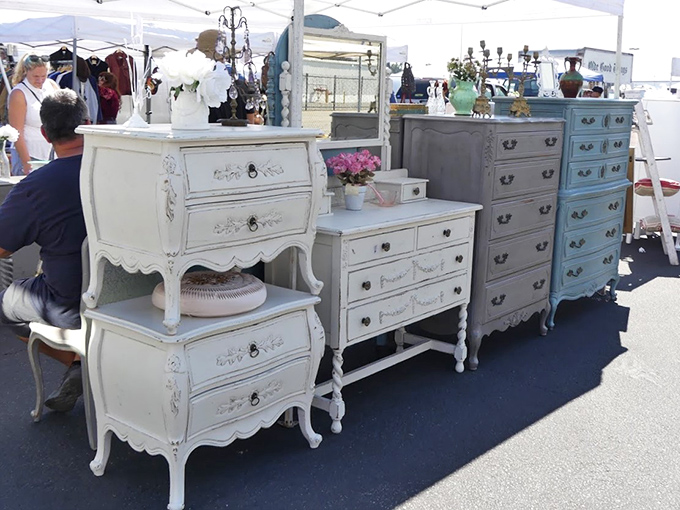 Shabby chic heaven &ndash; these distressed dressers in soft whites and blues are one coat of paint away from Restoration Hardware prices.