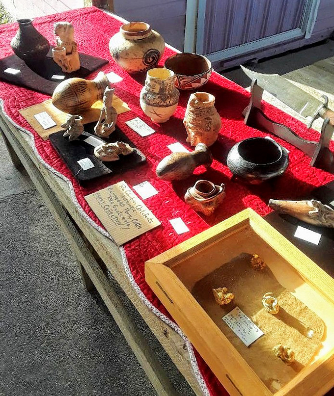 Ancient pottery displayed on vibrant red cloth&mdash;like archaeological treasures that somehow ended up in Florida instead of a museum.