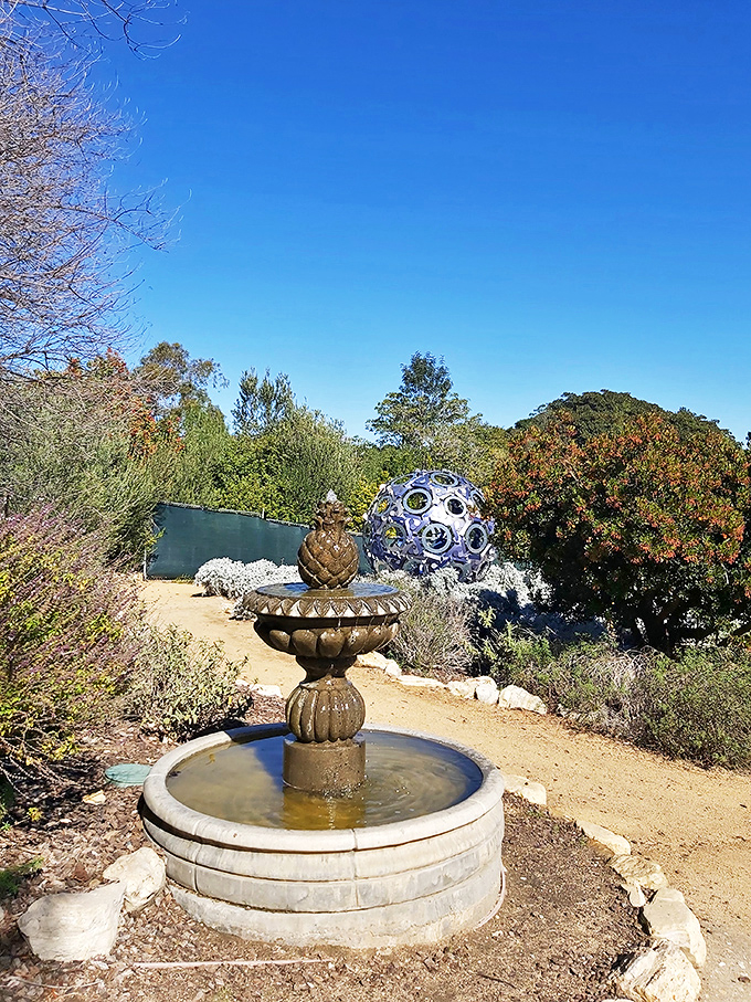 A small fountain creates the soundtrack for this desert-inspired vignette, where a blue mosaic sphere adds an unexpected pop of color among the drought-tolerant plantings.
