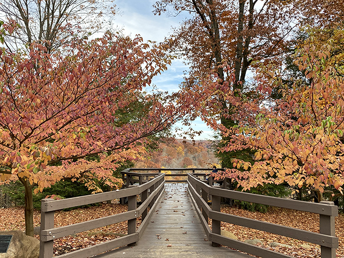 Fall's crimson carpet rolls out between wooden railings, inviting you into a scene straight from a New England postcard.