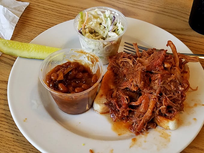 A pulled pork sandwich with all the fixings that doesn't need fancy plating to tell you it means serious business.