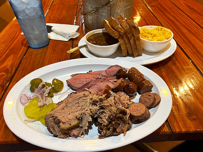 This BBQ platter isn't just a meal, it's a guided tour through the various neighborhoods of Flavortown, with sausage as your delicious tour guide.