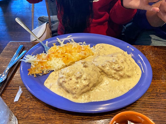 Biscuits and gravy so generous, you'll need a map to find your way across the plate.