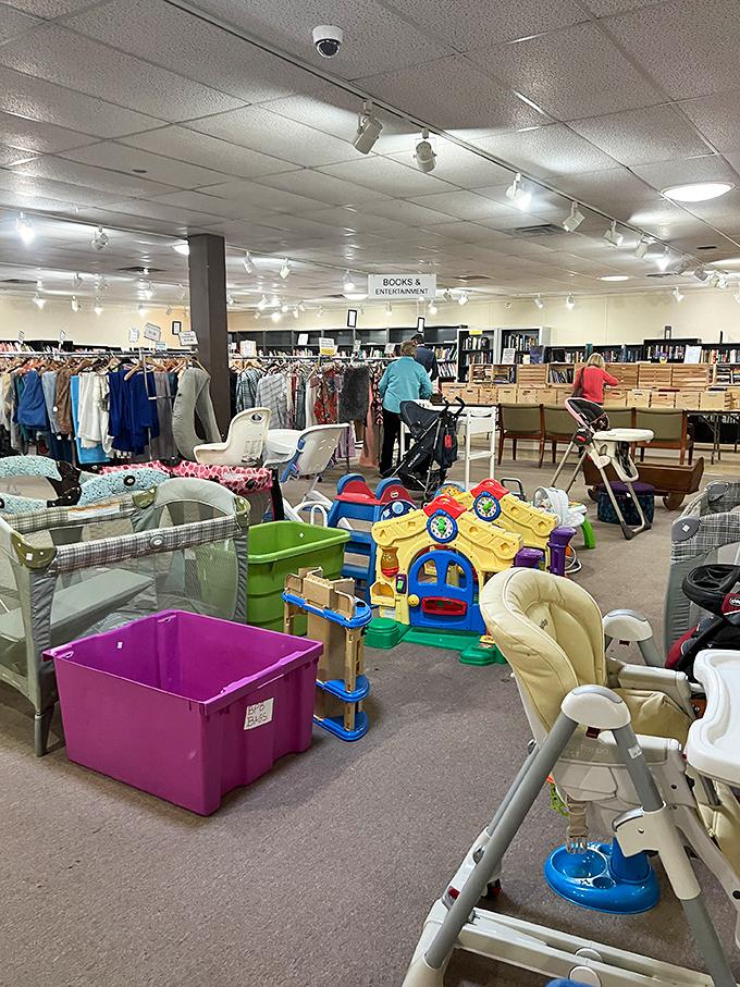 A wonderland of baby gear and children's items awaits growing families. Those high chairs have witnessed more first birthdays than a professional photographer.