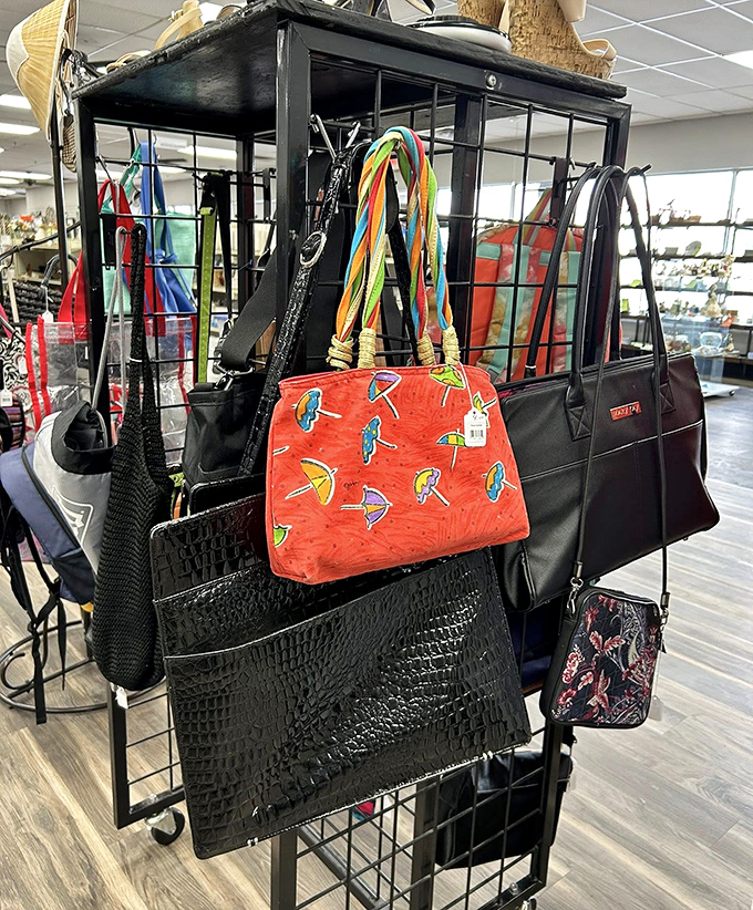 Handbag heaven! That vibrant umbrella-print purse is practically begging to brighten someone's rainy day commute.